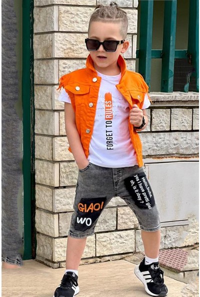 Riccotarz Erkek Çocuk Önü Düğme Yelekli Turuncu Kot Şortlu Takım