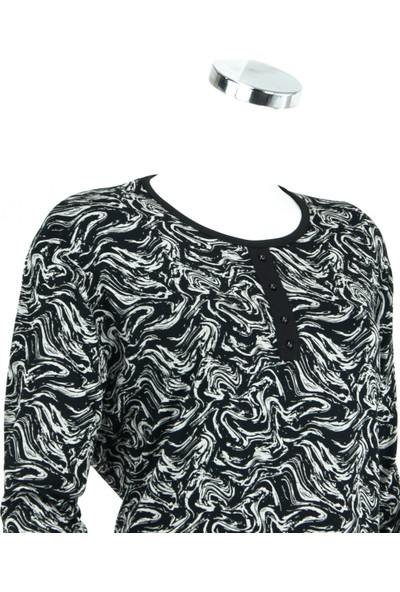 Oppland Kadın Şık Modern Desenli Uzun Kollu Yuvarlak Yaka Geniş Kalıp Likralı Viskon Penye Kumaş Büyük Beden Anne Bluz