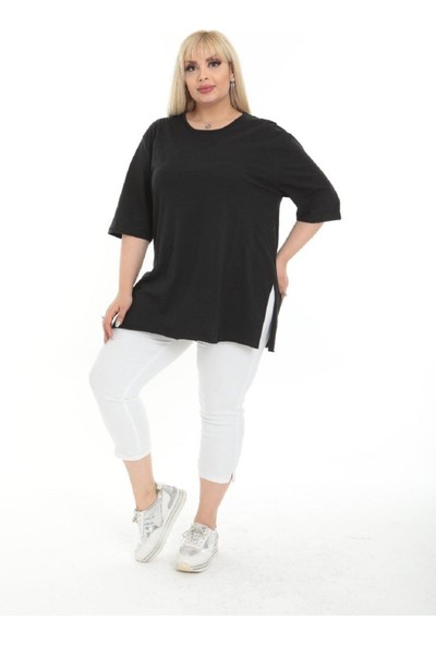 Kadın Büyük Beden Yandan Yırtmaçlı Pamuklu Kumaş T.shirt