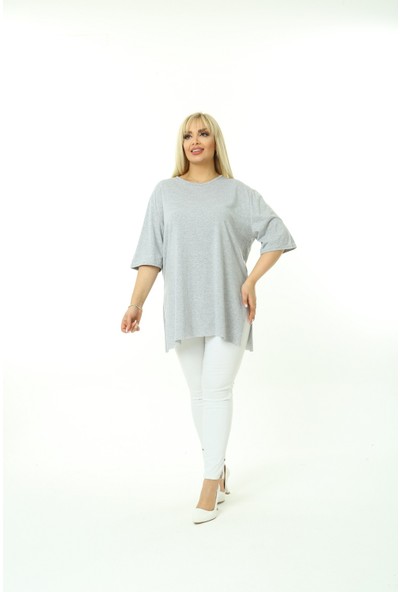 Kadın Büyük Beden Yandan Yırtmaçlı Pamuklu Kumaş T.shirt