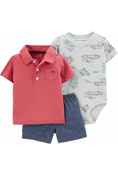 Erkek Bebek Body Tshirt Şort Set 3'lü Paket Kırmızı