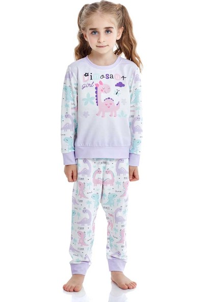 Kız Çocuk Dinozor Baskılı Uzun Kollu Pijama Takımı Lila