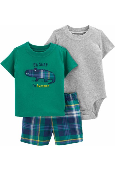 Erkek Bebek Body Tshirt Şort Set 3'lü Paket Yeşil