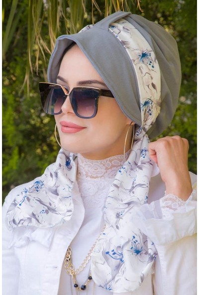 Aişe Tesettür Gri Iris Çiçekli Şapkalı Bone - 30100