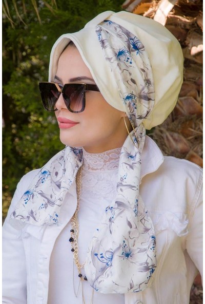 Aişe Tesettür Beyaz Iris Çiçek Şapkalı Bone - 30100