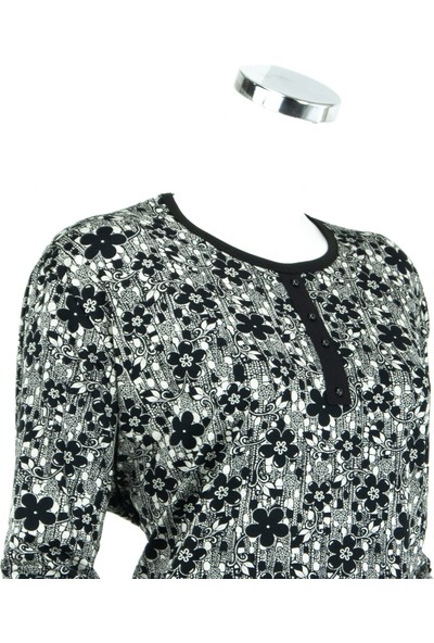 Oppland Kadın Çiçek Desenli Uzun Kollu Yuvarlak Yaka Geniş Kalıp Likralı Viskon Penye Kumaş Büyük Beden Anne Bluz