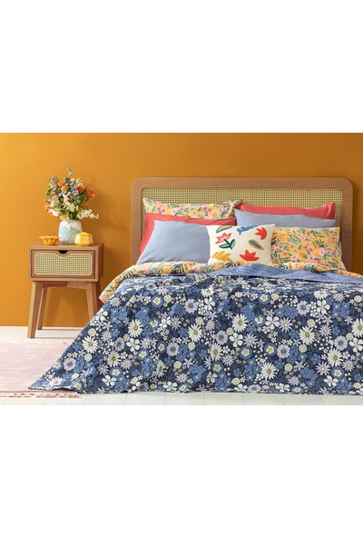 English Home Sweet Daisies Çift Kişilik Çok Amaçlı Örtü 200X220 cm Mavi