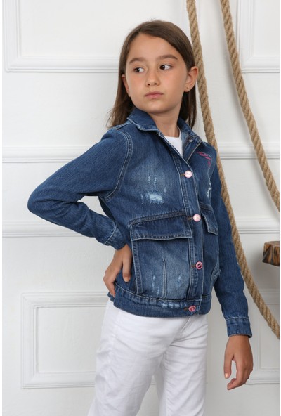 Kız Çocuk Arkası Baskılı Jean Ceket 7-14 Yaş 13934
