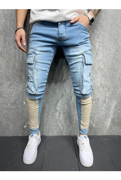 Bpm Patchwork Design Yamalı Slim Fit Erkek Kargo Kot Pantolon Mavi Bpm Patchwork Design Yamalı Slim Fit Erkek Kargo Kot Pantolon Mavi