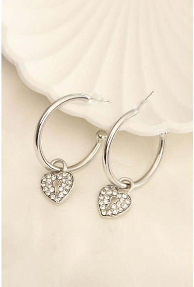 Erbilden Erb Gümüş Renk Zirkon Taşlı Kalp Figürlü Halka Küpe