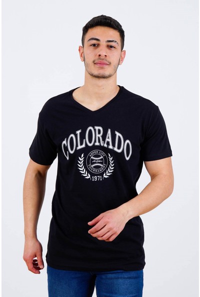 Trender Erkek T-Shirt Siyah 2023-7 V Yaka Baskılı