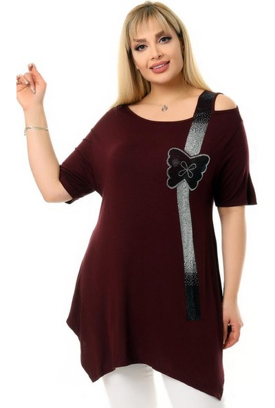 Kheos Tek Omuz Dekolteli Yuvarlak Yaka Kelebek Taş Işlemeli Yandan Yırtmaçlı Esnek Dökümlü ve Rahat Bluz