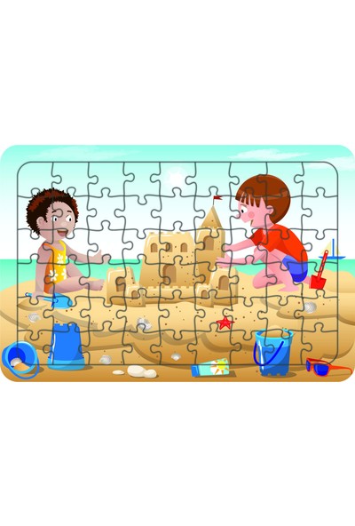 Güven Serigrafi Çocuklar Plajda 54 Parça Ahşap Çocuk Puzzle Yapboz