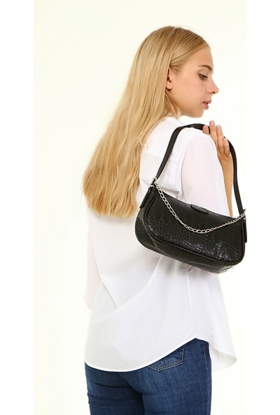 Gudu Bags Kadın Siyah Kroko Desenli Ince Zincirli Baget Çanta