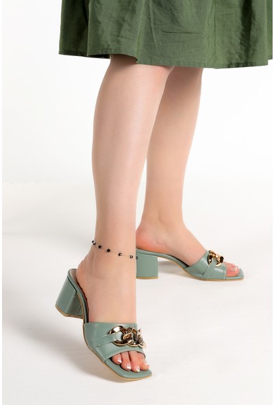 Woggo 6470-14 Cilt Günlük 5 cm Topuk Kadın Terlik Mint Yeşili