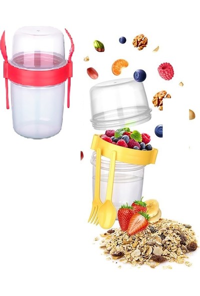 Xnews Çift Hazneli - Çatal Kaşıklı Portatif Müsli -Atıştırmalık Kabı 500 Ml-