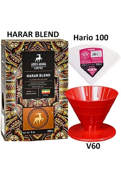 Addis Ababa Coffee Harar Blend Kahve 250 gr + V60 Dripper + Hario Filtre Kağıdı 100'lü Addis Ababa Coffee Harar Blend Kahve 250 gr + V60 Dripper + Hario Filtre Kağıdı 100'lü