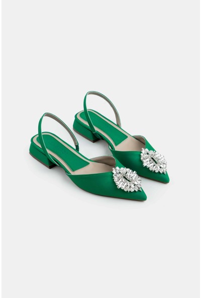 Nişantaşı Shoes Elena Yeşil Mat Saten Taş Detay Bilek Bağlı Kadın Babet