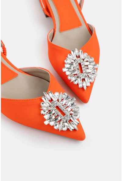 Nişantaşı Shoes Elena Turuncu Mat Saten Taş Detay Bilek Bağlı Kadın Babet