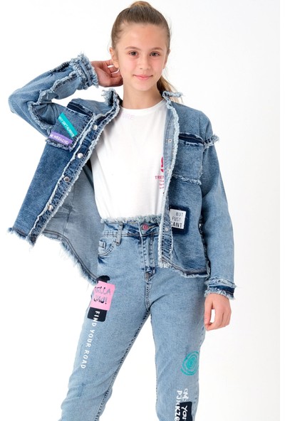 Kız Çocuk Indigo Püsküllü Jean Ceket 8-14 Yaş 13925