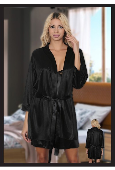 LoeFit Kadın Siyah Saten Görünümlü Fantezi Sabahlık Seksi Fantazi Ev Kıyafeti LoeFit Kadın Siyah Saten Görünümlü Fantezi Sabahlık Seksi Fantazi Ev Kıyafeti