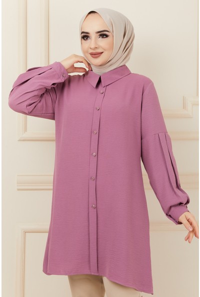 Önü Düğme Detaylı Pileli Tesettür Tunik/pudra Önü Düğme Detaylı Pileli Tesettür Tunik/pudra