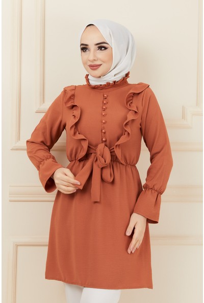 İmaj Butik Önü Düğmeli Fırfır Detaylı Tesettür Tunik/kiremit