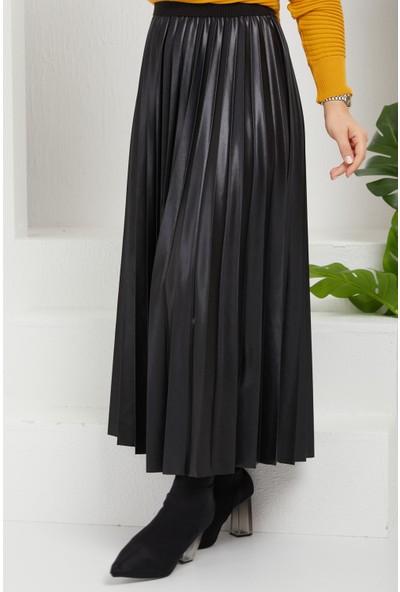 İmaj Butik Piliseli Deri Görünümlü Etek/siyah İmaj Butik Piliseli Deri Görünümlü Etek/siyah