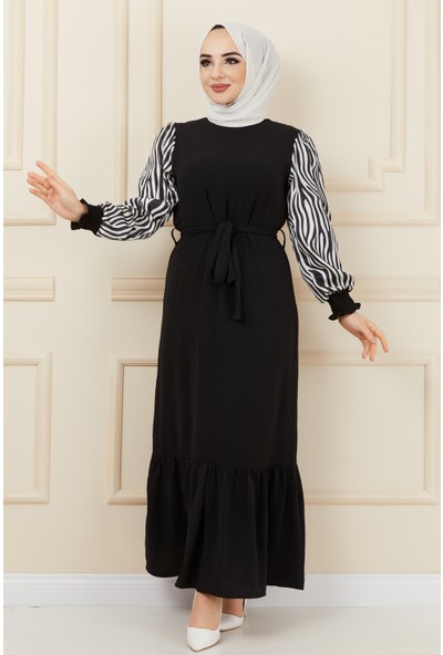 İmaj Butik Kolu Leopar Desenli Tesettür Elbise/siyah