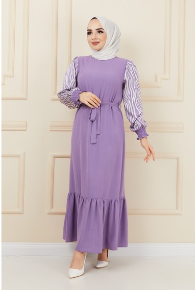 İmaj Butik Kolu Leopar Desenli Tesettür Elbise/lila