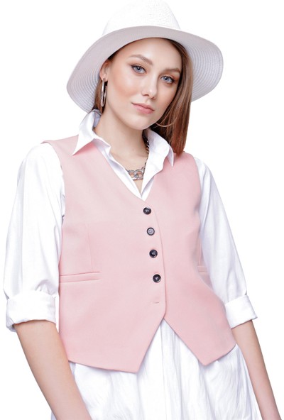 Butikburuc Kadın Pudra Düğmeli Kısa Yelek