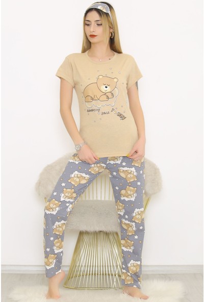 Makri Pazar Baskılı Pijama Takımı Bejfüme - 9085.1287. Makri Pazar Baskılı Pijama Takımı Bejfüme - 9085.1287.