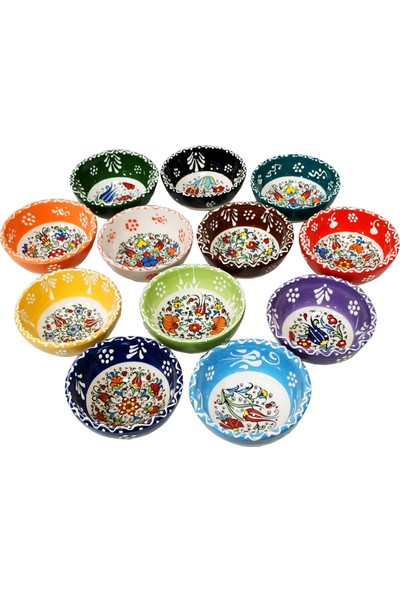 Ege Çini El Yapımı 12 Adet Seramik Kase - 8 cm