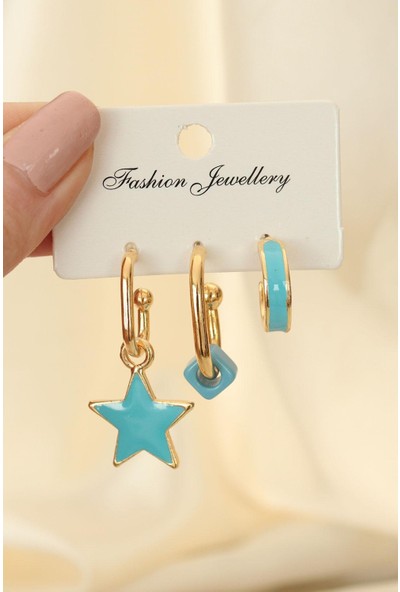 Bkmc Mavi Mineli Yıldız Model Küpe Seti