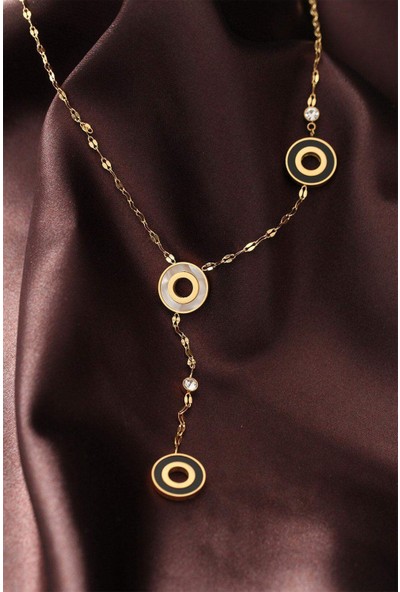 Bkmc Çelik Gold Renk Zirkon Taşlı Mineli Oval Kolye