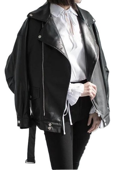 Lifeenjoy Generic Kadın Casual Kemer Oversize Suni Deri Biker Ceket Lifeenjoy Generic Kadın Casual Kemer Oversize Suni Deri Biker Ceket