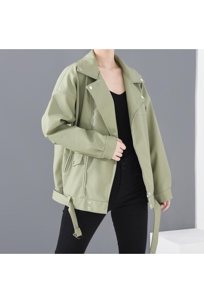 Lifeenjoy Generic Kadın Casual Kemer Oversize Suni Deri Biker Ceket Lifeenjoy Generic Kadın Casual Kemer Oversize Suni Deri Biker Ceket