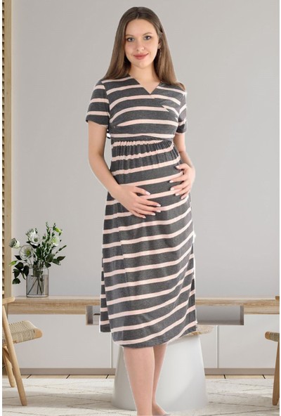 Şık Mecit Pudra Çizgili Hamile Lohusa Elbise
