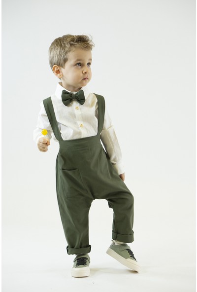 Catz Kids - Haki Yeşili Keten Harem Pantolon + Klasik Uzun Kollu Gömlek + Papyon