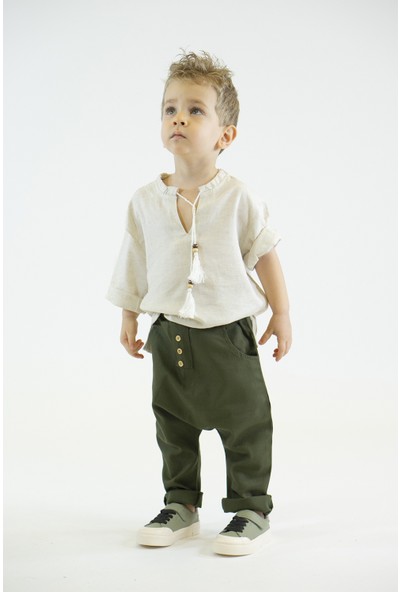 Catz Kids - Haki Yeşili Keten Düğmeli Harem + Krem Keten Ipli Gömlek