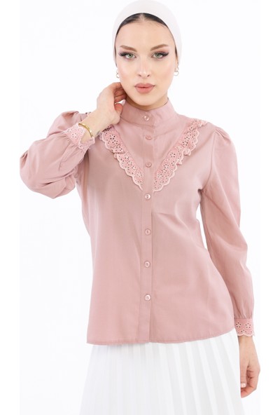 May Mara Kadın Brode Detaylı Hakim Yaka Dokuma Gömlek