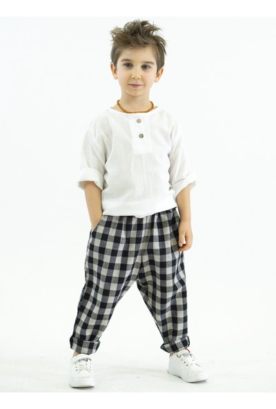 Catz Kids - Beyaz Şile Bezi Düğmeli Gömlek + Carrot Pantolon Siyah Krem Keten
