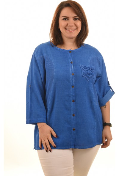 Işıltı fashion Saks Mavi Renkli Cebi Güpürlü Fileli Büyük Beden Pamuk Gömlek Işıltı fashion Saks Mavi Renkli Cebi Güpürlü Fileli Büyük Beden Pamuk Gömlek