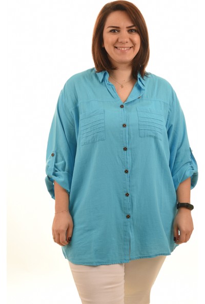 Işıltı fashion Mavi Renkli Cep Detaylı Büyük Beden Pamuk Gömlek