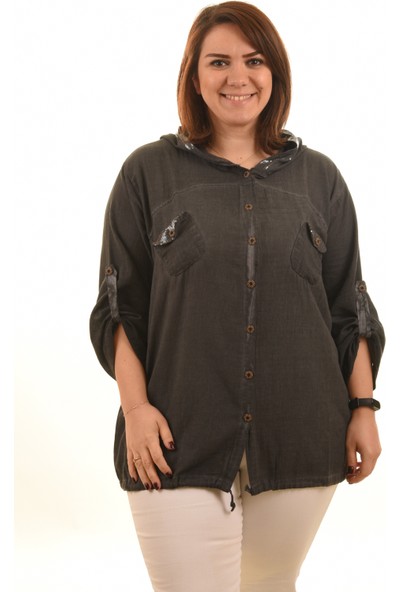 Işıltı fashion Füme Renkli Uzun Kollu Cep ve Yakası Pul Payet Detaylı Kapüşonlu Büyük Beden Pamuk Gömlek