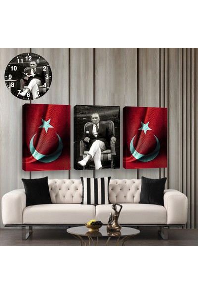 Reklam Ofisi Mustafa Kemal Atatürk,türk Bayrağı 3 Parçalı Kanvas Tablo ve Saat Kombinli Reklam Ofisi Mustafa Kemal Atatürk,türk Bayrağı 3 Parçalı Kanvas Tablo ve Saat Kombinli