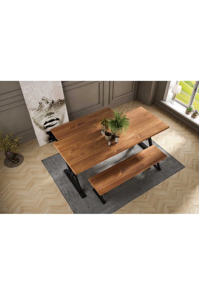 Woodesk Modi Masif Tik Renk 140 x 70 cm Çift Banklı Masa Takımı CPT7138-140