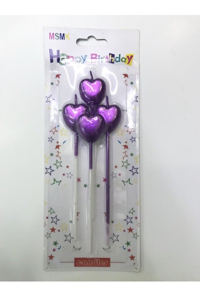 Samur Parti Çubuklu Metalize Kalp Mum Doğum Günü Mumu Mor 4 Adet