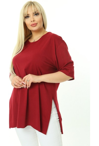 Butik Şımarık Kadın Büyük Beden Yandan Yırtmaçlı Pamuklu Kumaş T.shirt