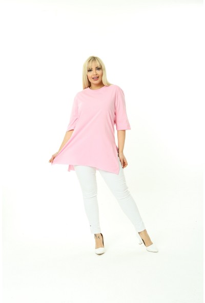 Butik Şımarık Kadın Büyük Beden Yandan Yırtmaçlı Pamuklu Kumaş T.shirt